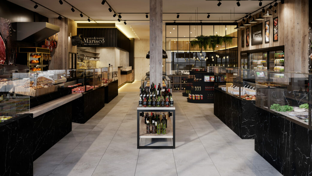 Retail 3D rendering project of a meat & seafood grill restaurant
