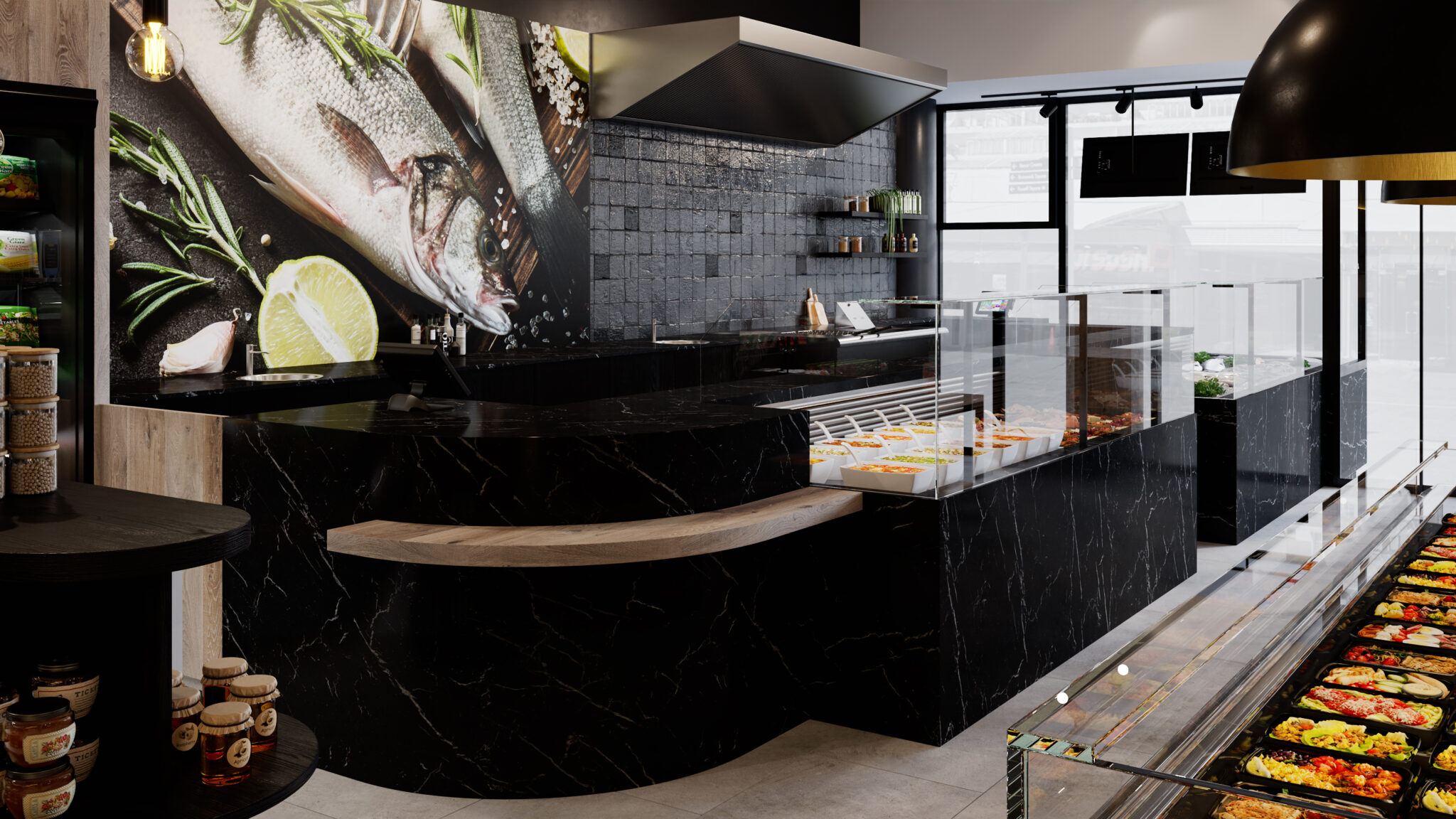 Retail 3D rendering project of a meat & seafood grill restaurant