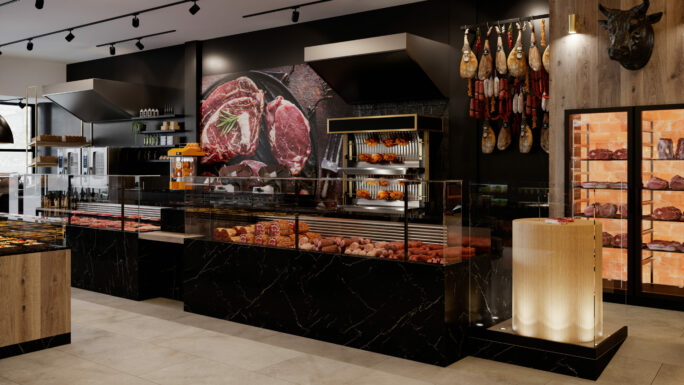 Retail 3D rendering project of a meat & seafood grill restaurant