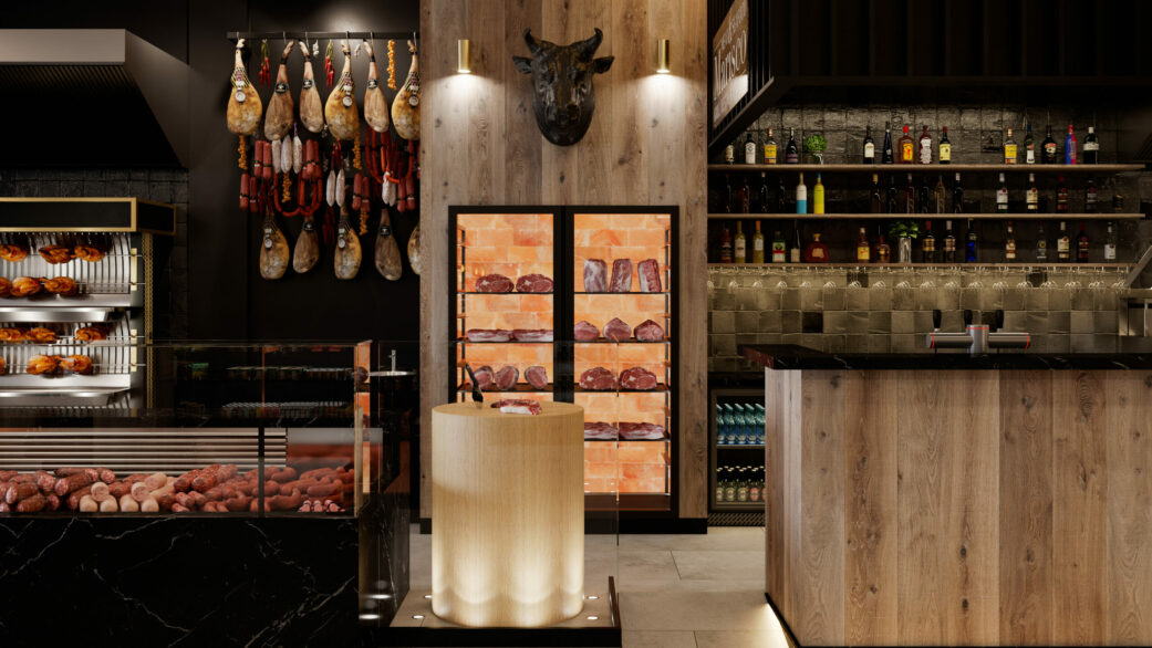 Retail 3D rendering project of a meat & seafood grill restaurant