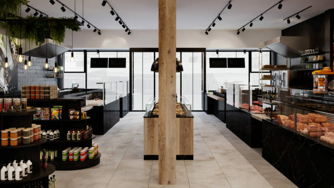 Retail 3D rendering project of a meat & seafood grill restaurant